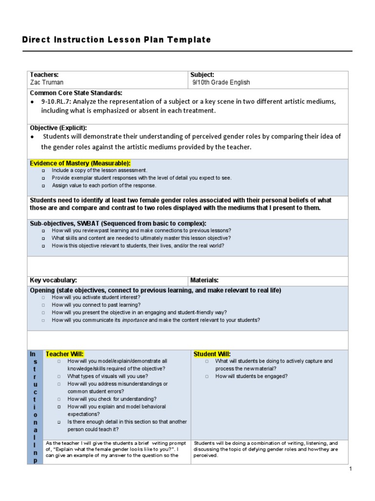 Direct Instruction Lesson Plan Template: Zac Truman 9/10th Grade English | PDF | Educational ...
