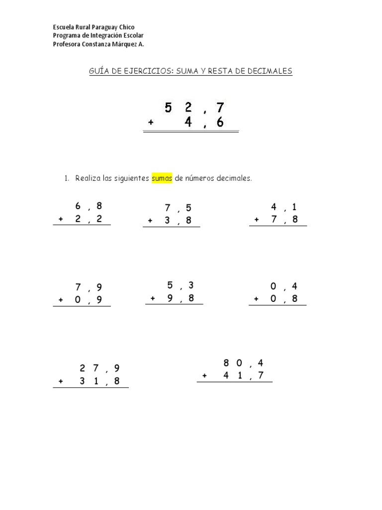 Guía Suma y Resta de Decimales | PDF