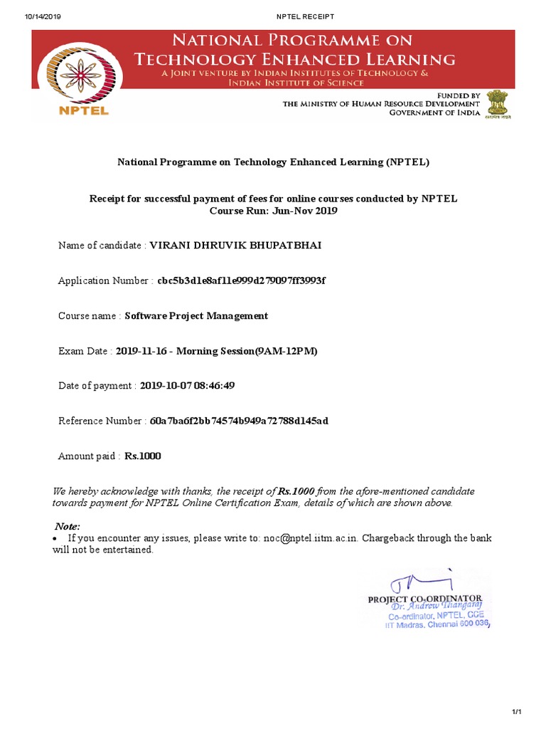 NPTEL Course Payment Receipt | PDF