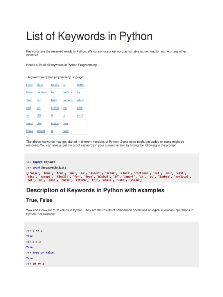 Keywords in Python | PDF | Control Flow | Anonymous Function