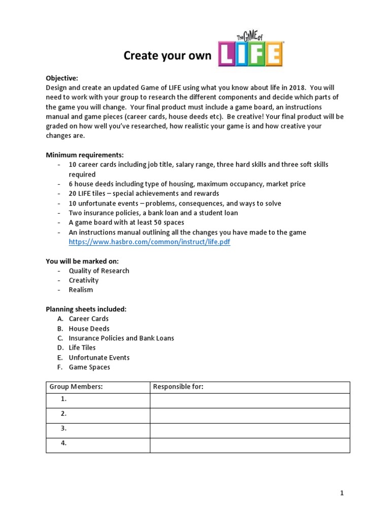 Create Your Own GAME of LIFE - Careers Project | PDF | Insurance | Interest