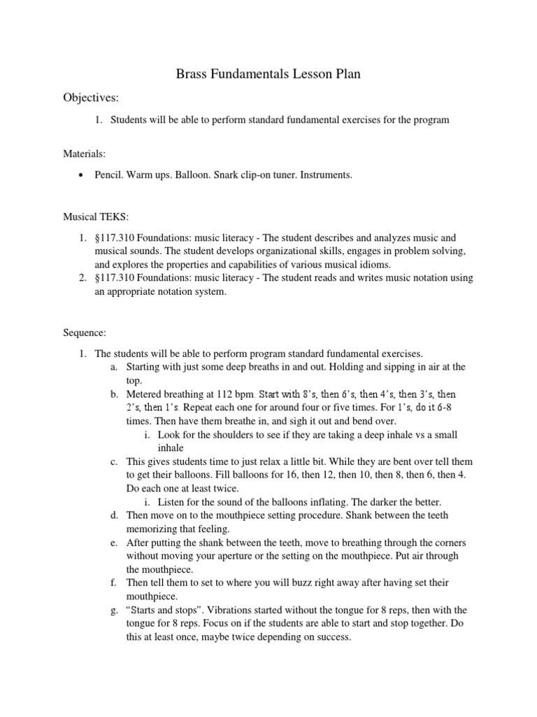 Brass Fundamentals Lesson Plan: Objectives | PDF | Sound ...