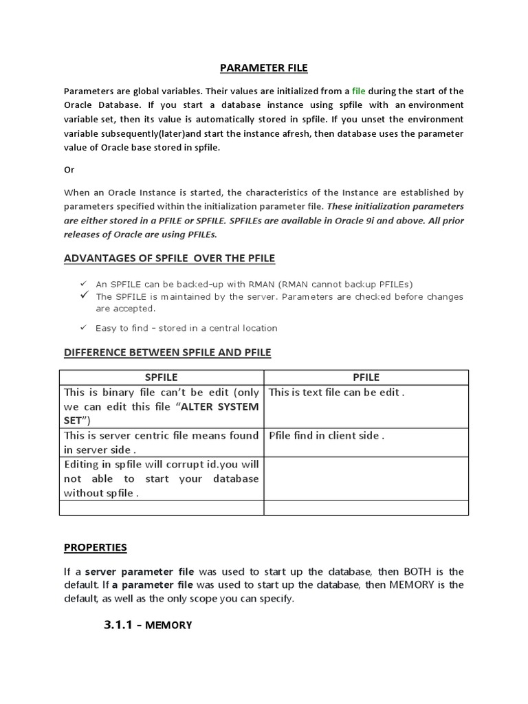 Oracle Pfile Vs Spfile Overview Pdf Parameter Computer Programming