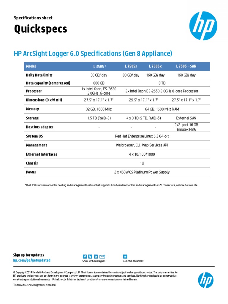 Quickspecs: HP Arcsight Logger 6.0 Specifications (Gen 8 Appliance) | PDF | 64 Bit Computing ...