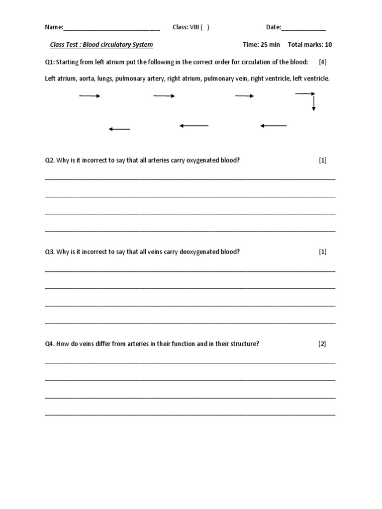Class Test: Blood Circulatory System Time: 25 Min Total Marks: 10 | PDF ...