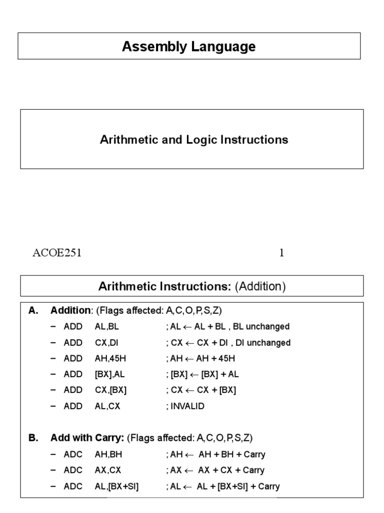 Assembly Language: Arithmetic and Logic Instructions | PDF | Binary ...