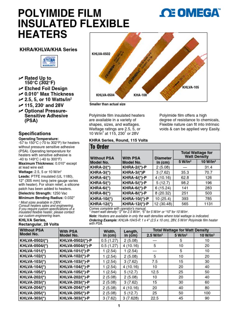 Polyimide Insulated Flexible Heaters Data Sheet | PDF | Watt | Wire