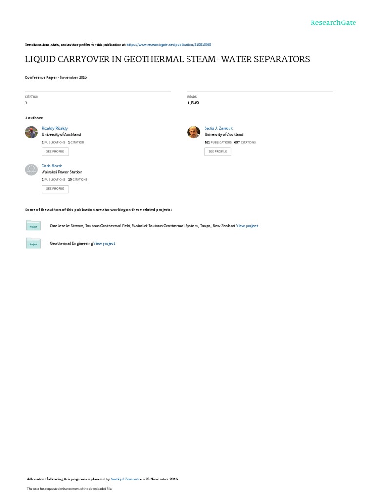 Liquid Carryover in Geothermal Steam-Water Separators: November 2016 ...