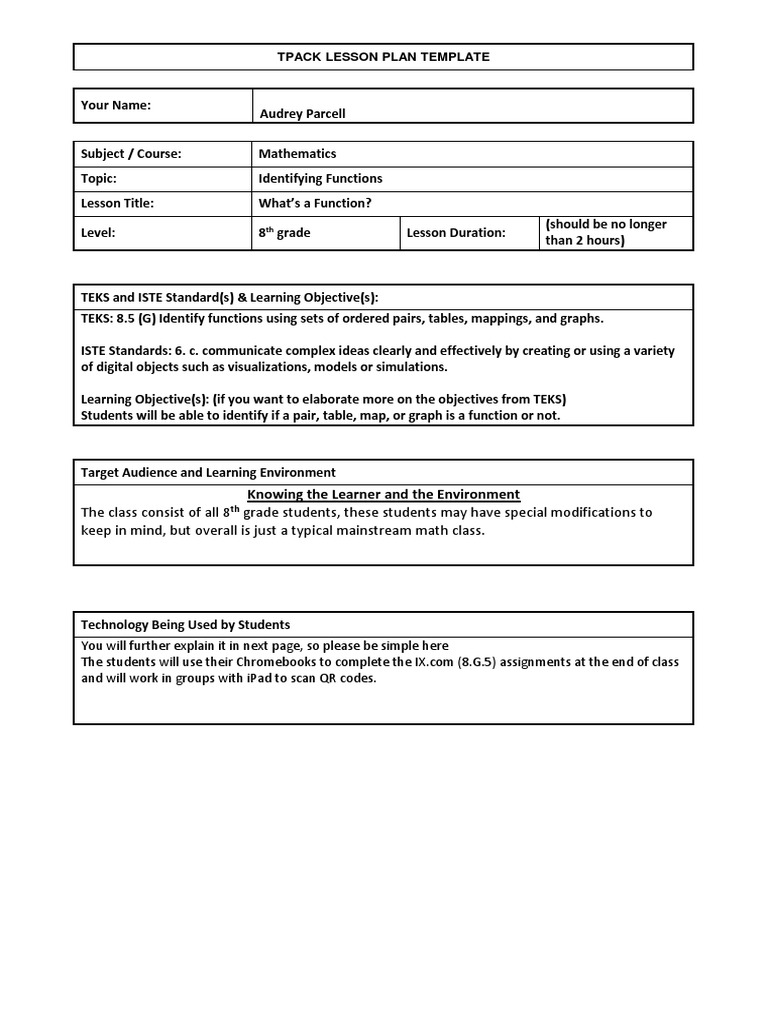 Tpack Lesson Plan Audrey Parcell | PDF | Pedagogy | Lesson Plan