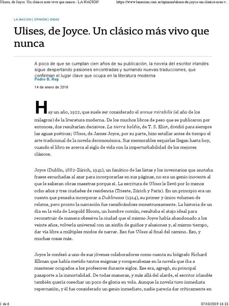 Ulises, de Joyce. Un Clásico Más Vivo Que Nunca - LA NACION | PDF | James Joyce | Ulises (novela)