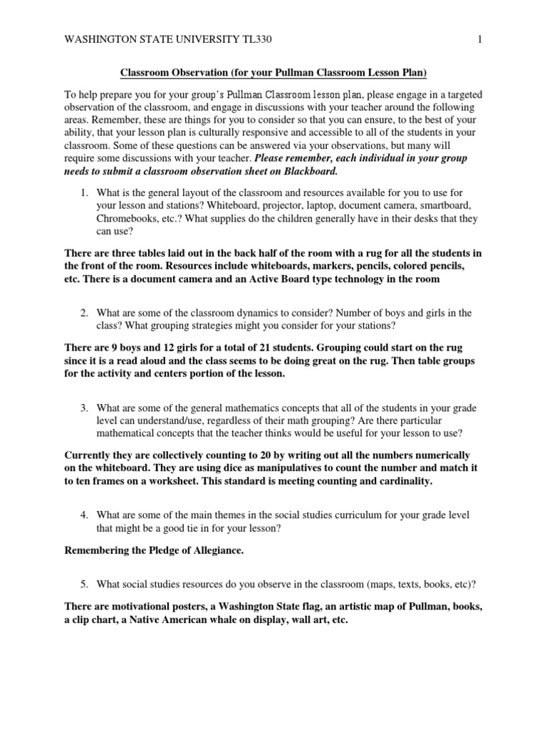 Classroom Observation Questions | PDF | Classroom | Individualized ...