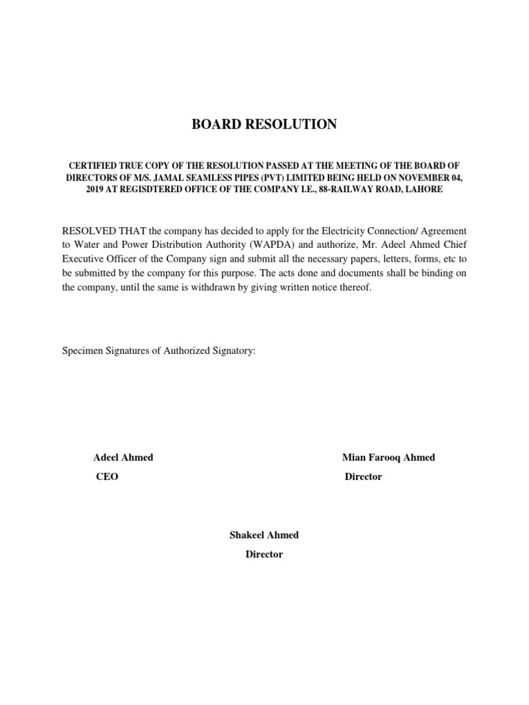 Board Resolution for Electricity Connection | PDF | Finance & Money ...