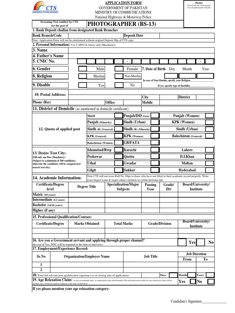 Photographer NH&MP Application Form | PDF | Academic Degree | Khyber ...