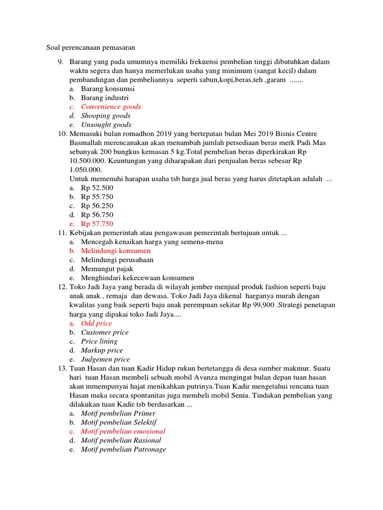 Soal Usbn MGMP PM 2019 (Perencanaan Pemasaran) | PDF
