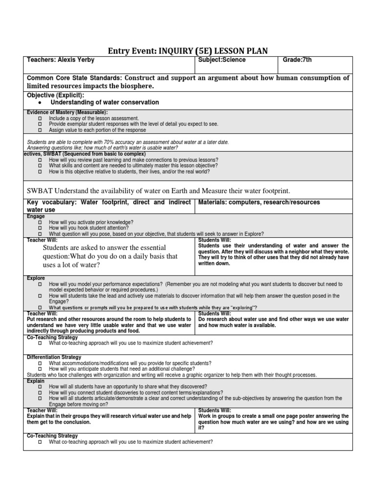 inquiry 5e lesson plan | Question | Lesson Plan