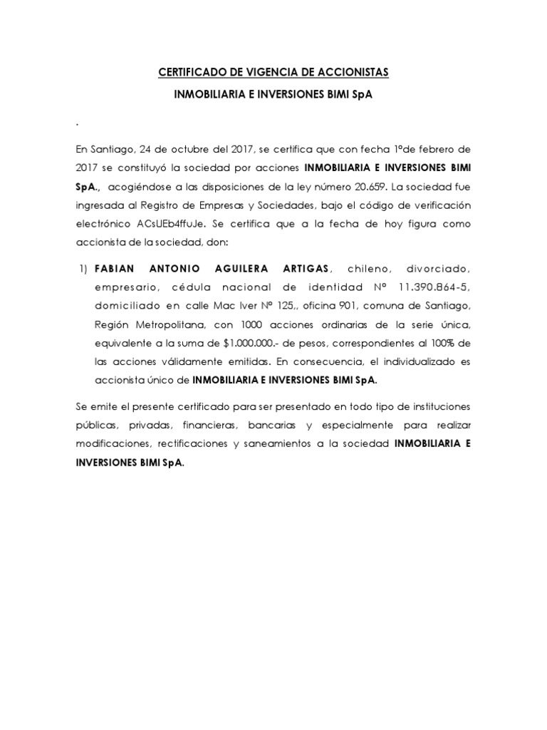 Certificado de Accionistas | PDF
