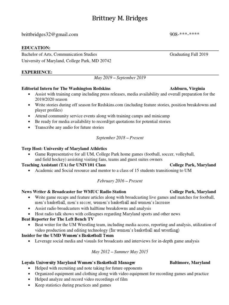 Brittney Bridges Resume | PDF | Broadcasting | Entertainment