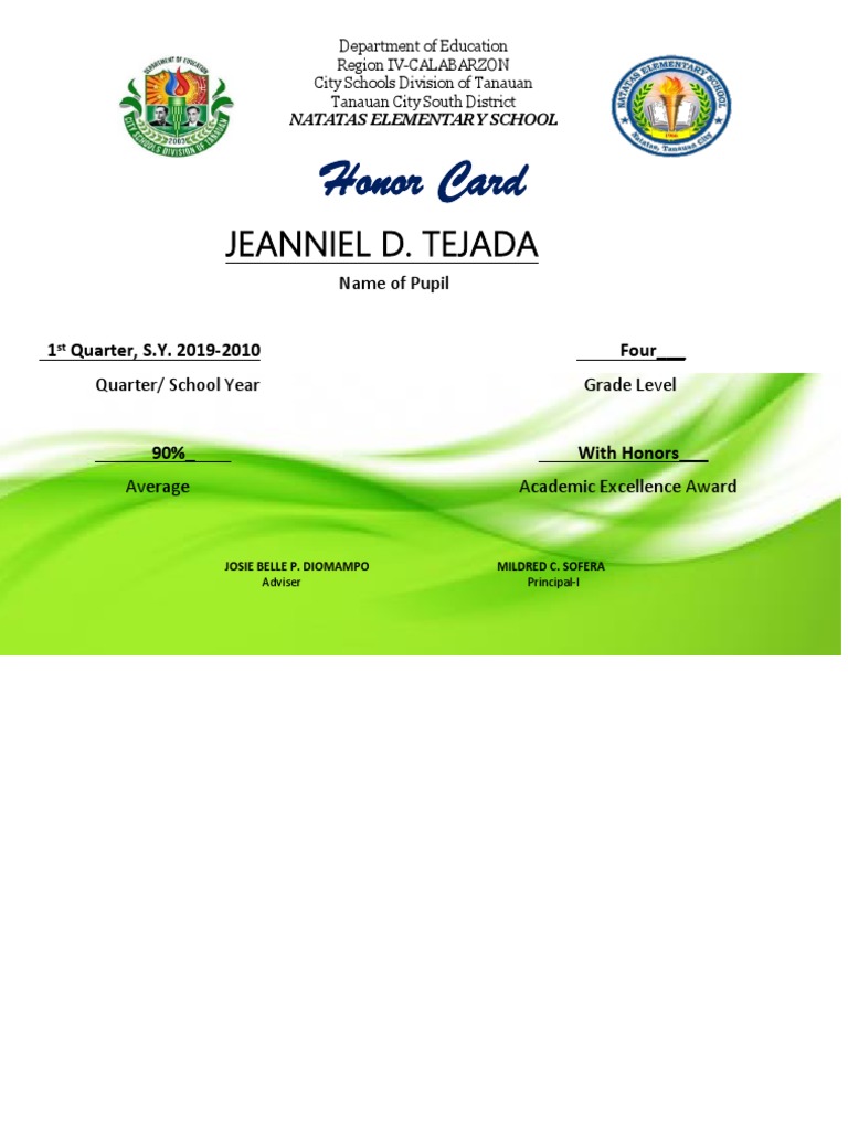 Honor Card: Jeanniel D. Tejada | PDF