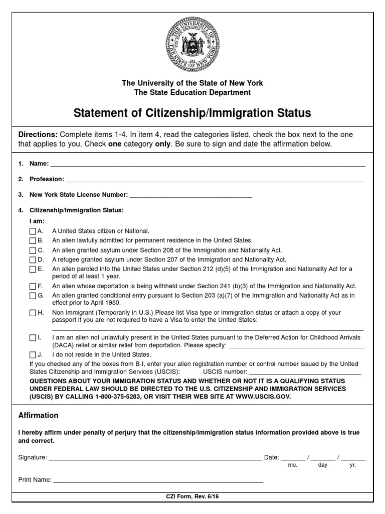 New York Citizenship Status Form | PDF | Alien (Law) | Immigration To ...