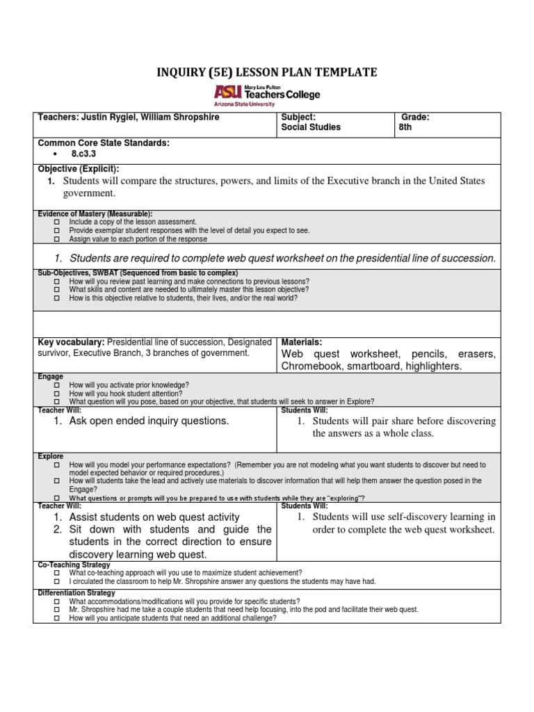 Inquiry (5E) Lesson Plan Template | PDF | Lesson Plan | Teachers