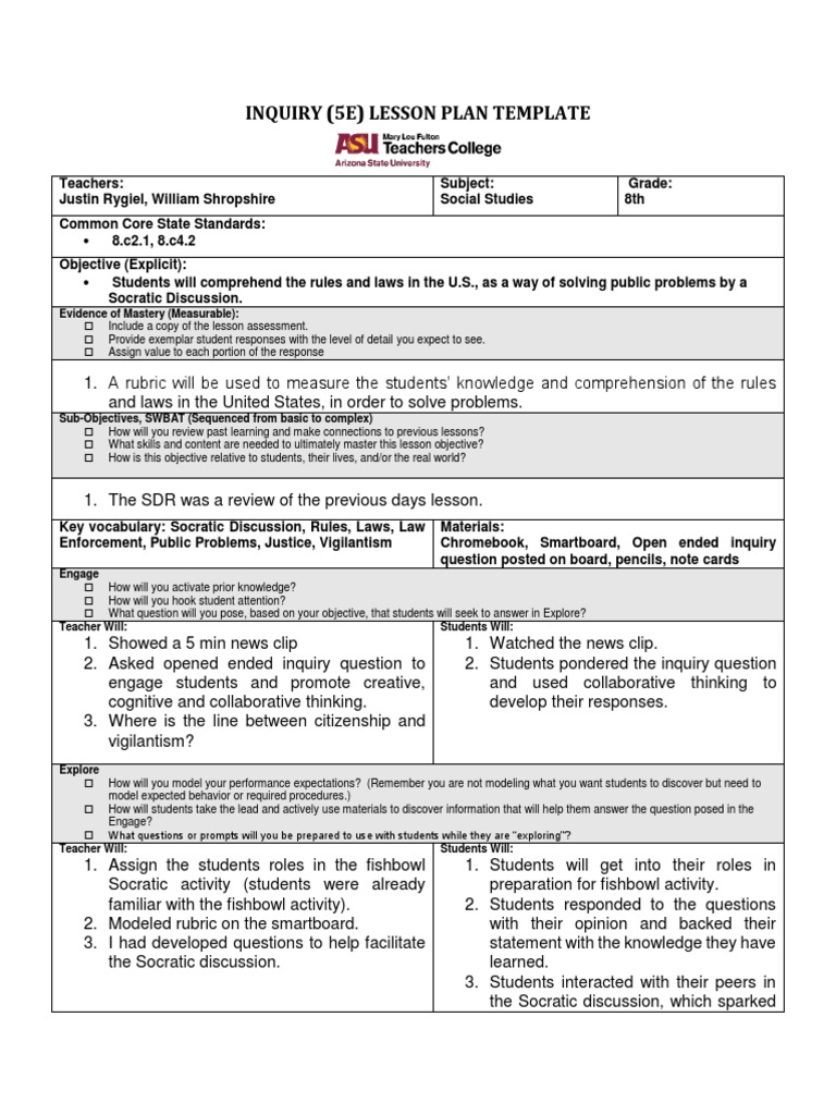 Inquiry (5E) Lesson Plan Template: Evidence of Mastery (Measurable ...