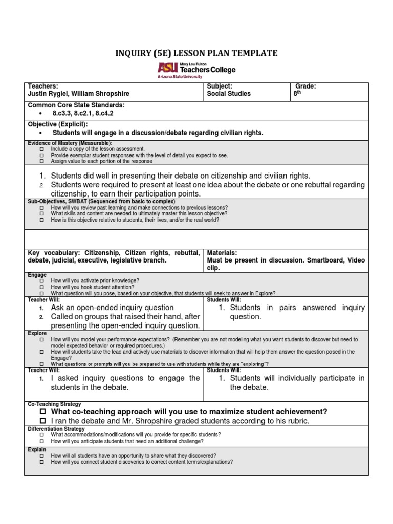 Inquiry (5E) Lesson Plan Template: Evidence of Mastery (Measurable ...