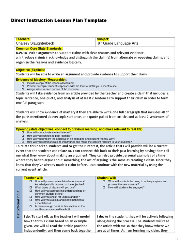 Direct Instruction Lesson Plan Template | PDF | Educational Assessment ...