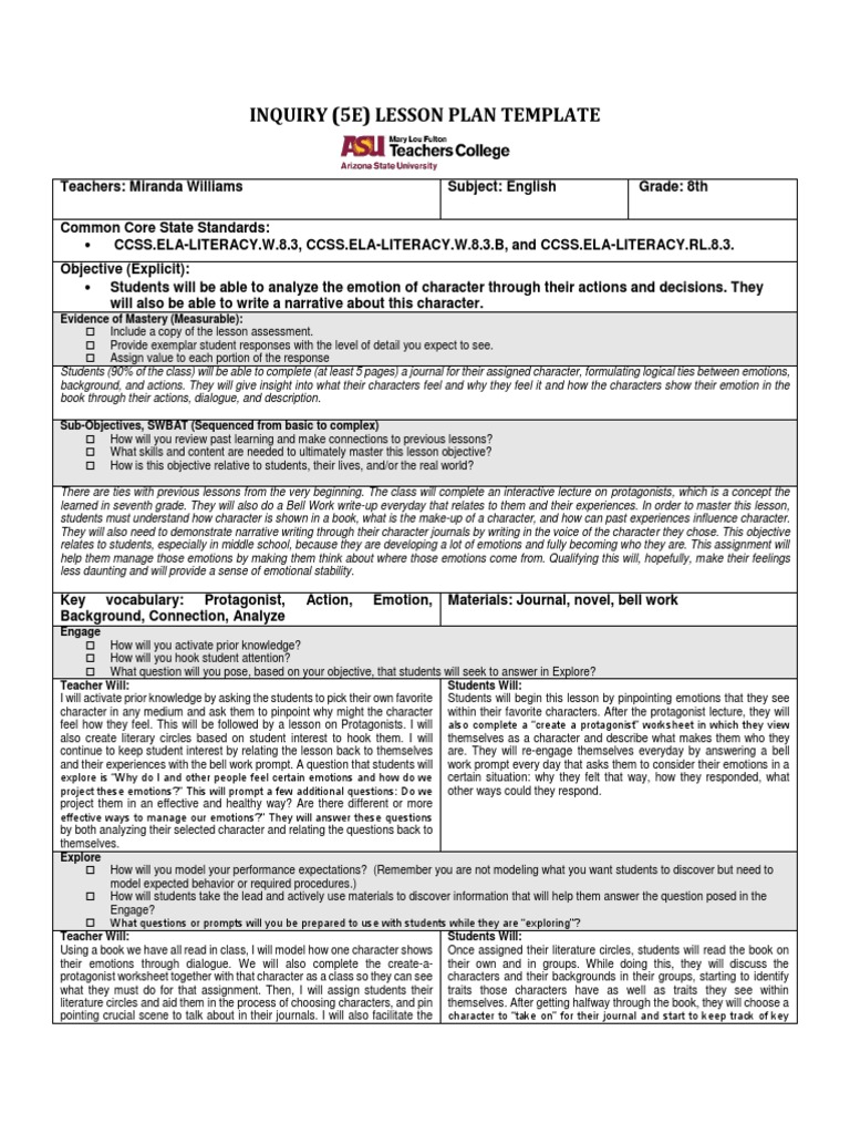 Inquiry 5e Lesson Plan Template Why Do I Feel The Way I Feel | PDF ...