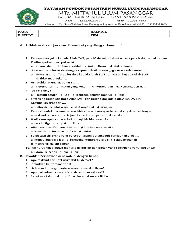 Contoh Kertas Untuk Soal Pts | PDF