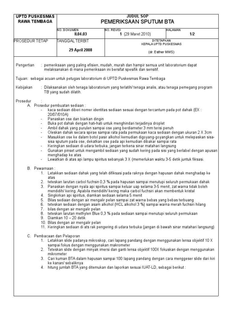 SOP (Pemeriksaan Sputum BTA) | PDF