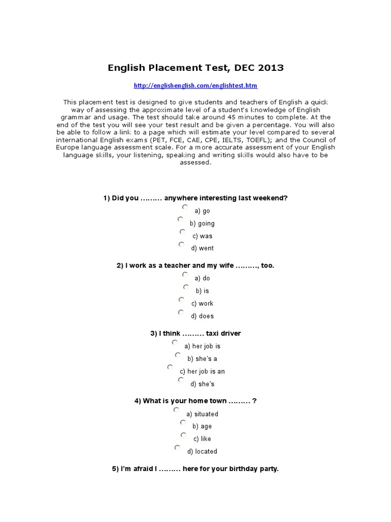 English Placement Test DEC 2013 | PDF | Syntax | Semiotics