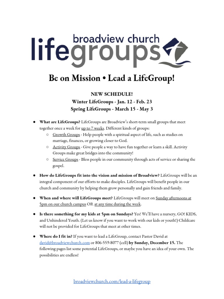 Broadview LifeGroups: Winter & Spring Schedule | PDF | Religious Faiths ...