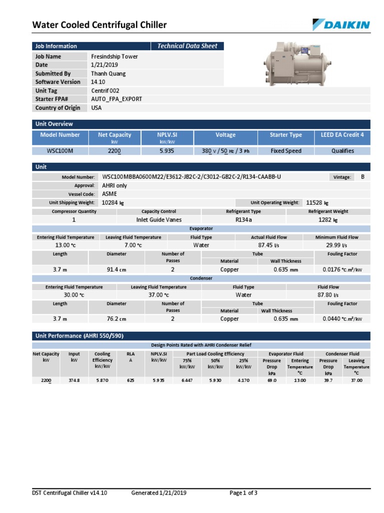 Water Cooled Centrifugal Chiller: Technical Data Sheet | PDF ...