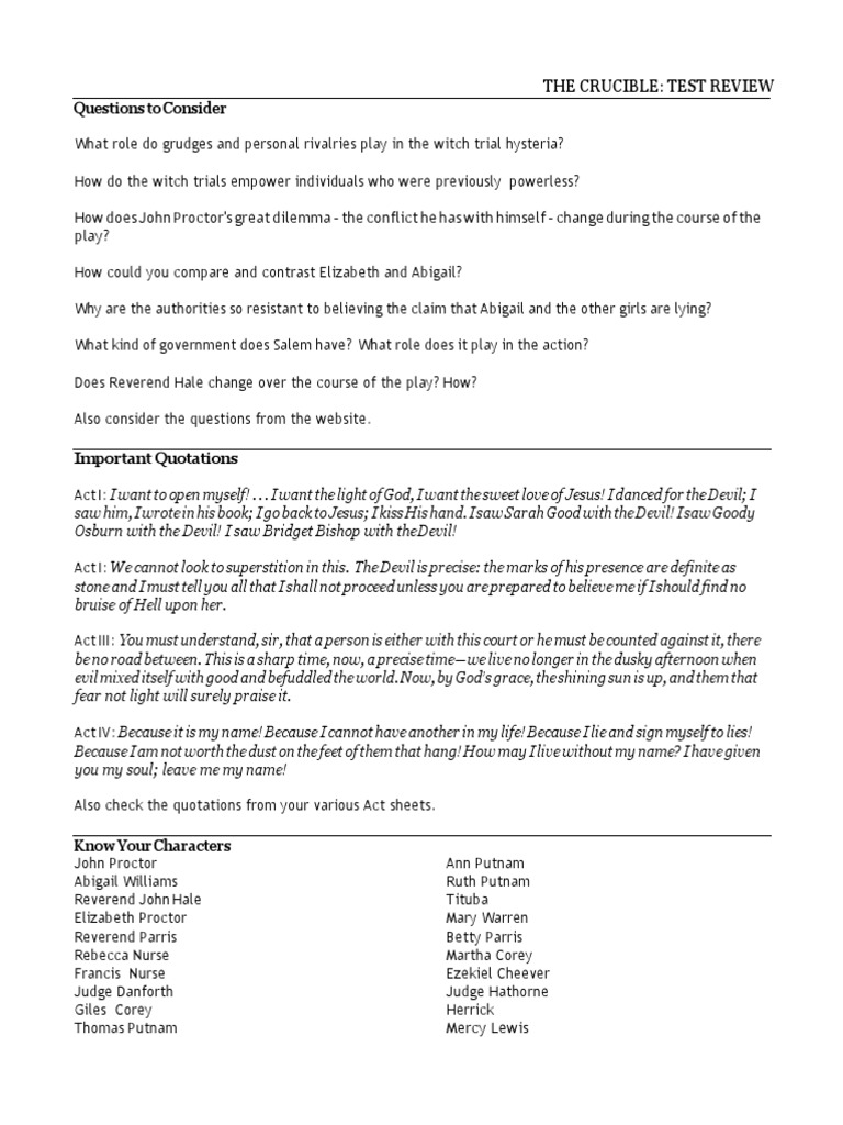 The Crucible: Test Review Guide | PDF | Witch Trials | Early Modern ...