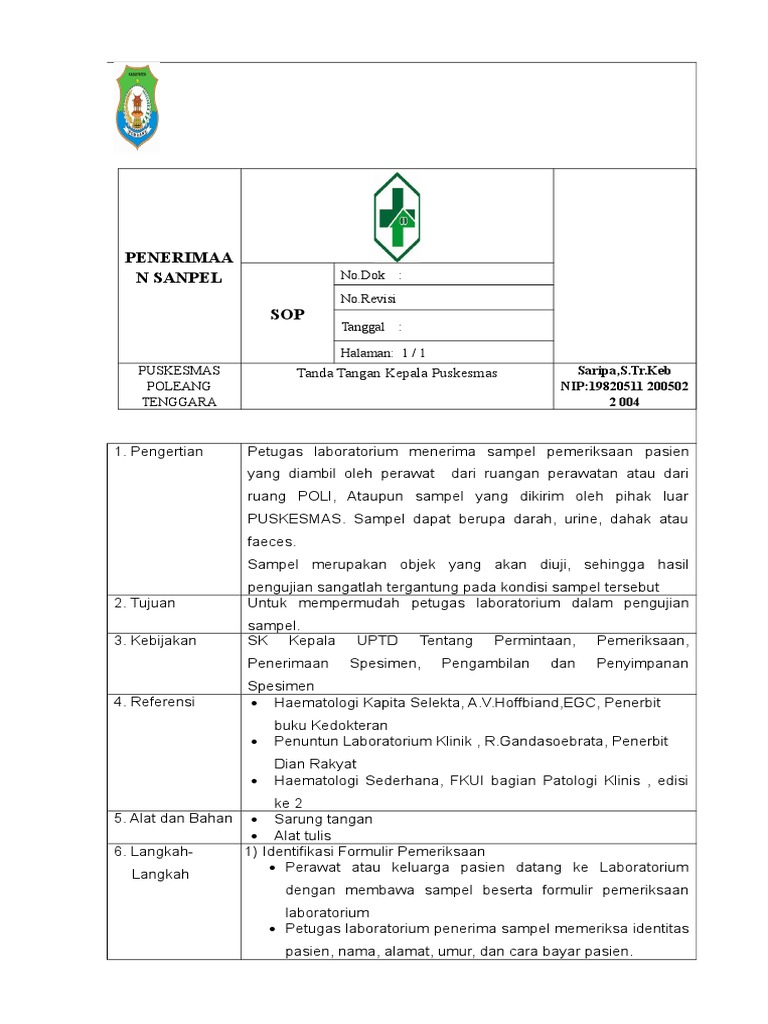 SOP Penerimaan Sampel Laboratorium | PDF