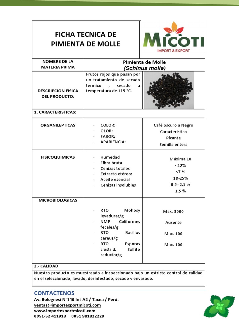 Fcha Tecnica Fruta Del Molle | PDF | Alimentos | Naturaleza