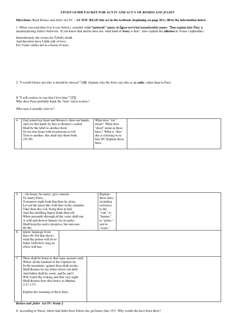 Act4 and Act5 Study Guides Combined 2015 | PDF | Characters In Romeo ...