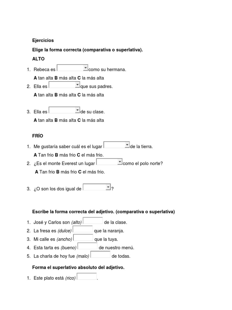 Ejercicio Grado de Los Adjetivos | PDF