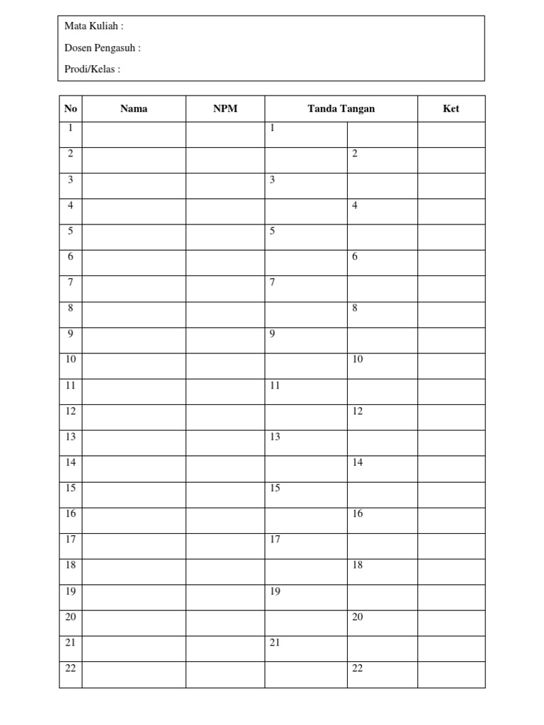 No Nama NPM Tanda Tangan Ket: Mata Kuliah: Dosen Pengasuh: Prodi/Kelas ...