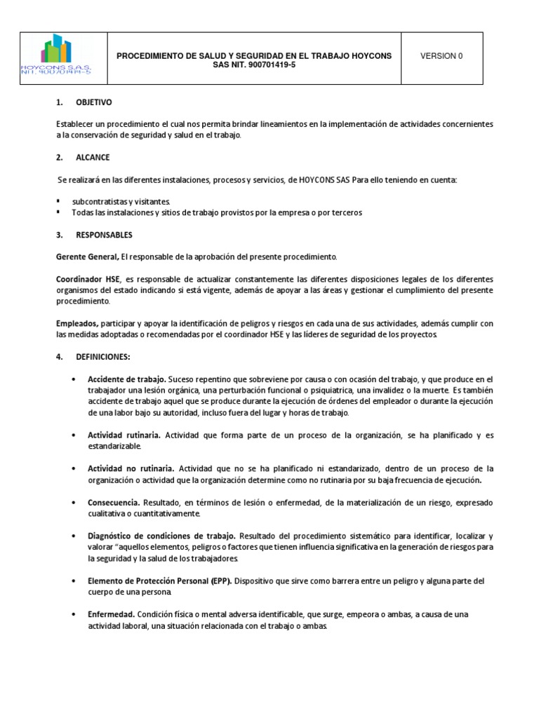 01 Procedimiento de Salud y Seguridad en El Trabajo | PDF | Riesgo | La ...