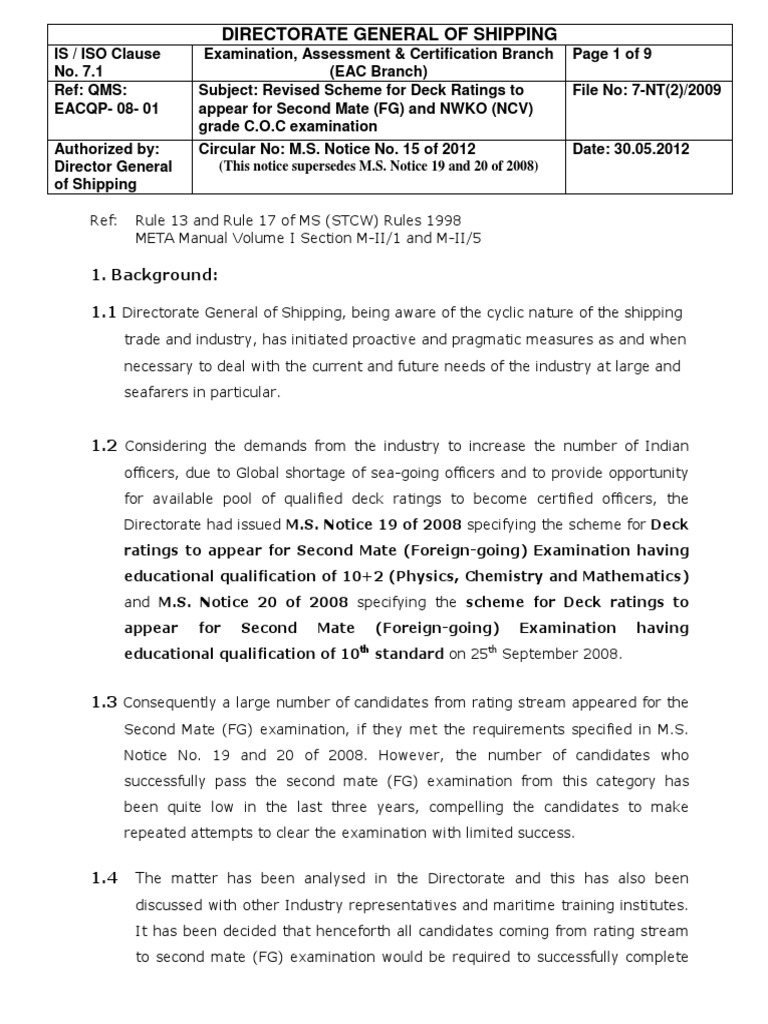 Revised Second Mate Exam Eligibility | PDF | Test (Assessment) | Water ...