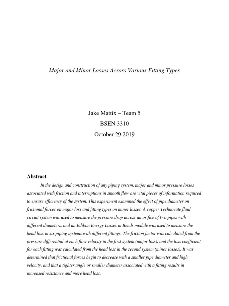 Bsen 3310 Major Minor Losses Lab | PDF | Friction | Fluid Mechanics