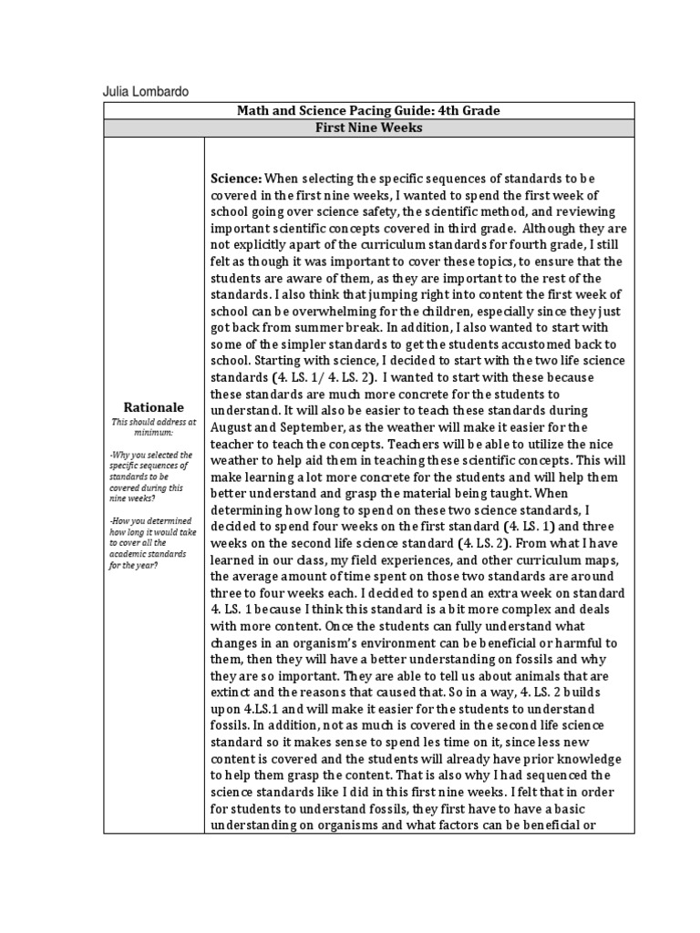 Math and Science Pacing Guide: 4th Grade First Nine Weeks: Julia ...