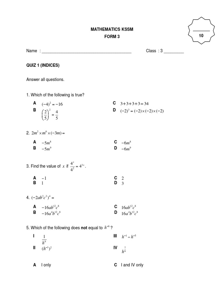 Indices Quiz for Form 3 Students | PDF