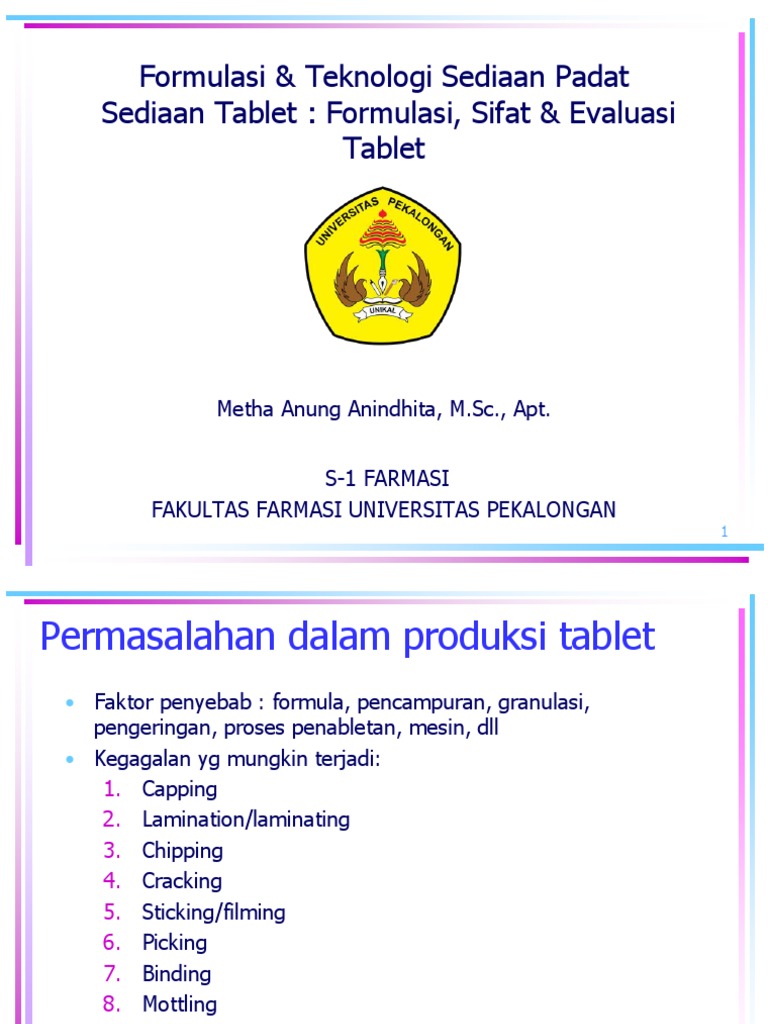 FST022201910286. Formulasi - Permasalahan Tablet Dan Kontrol Kualitas ...