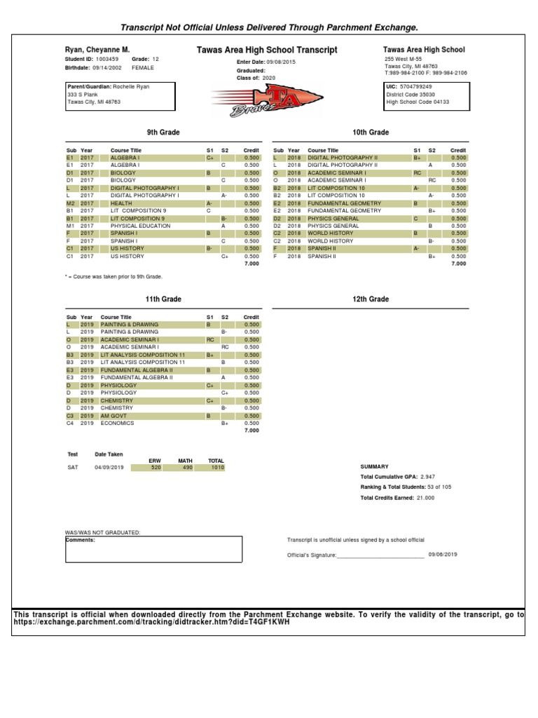 Transcript Not Official Unless Delivered Through Parchment Exchange | PDF | Educational Stages ...