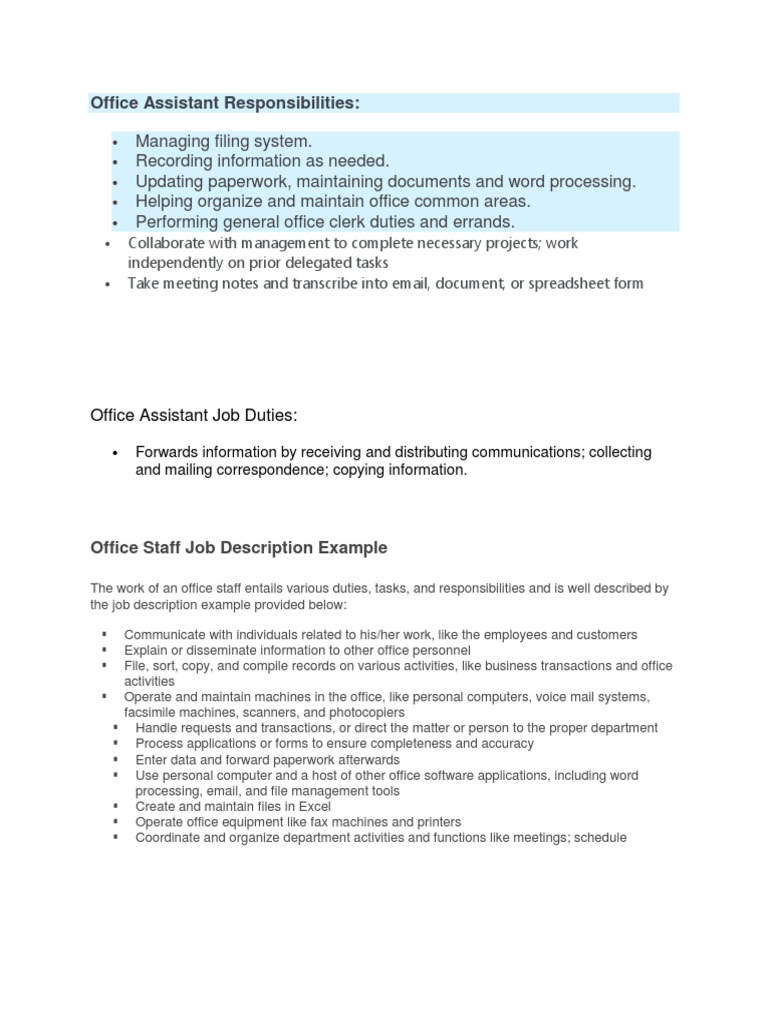 Office Assistant Roles and Responsibilities | PDF