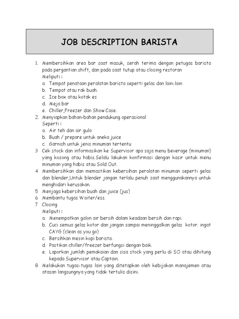 Deskripsi Tugas Barista Lengkap | PDF