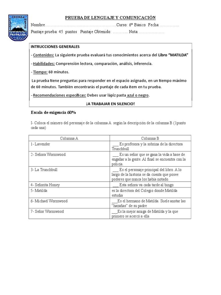 Prueba Matilda, 6° | PDF