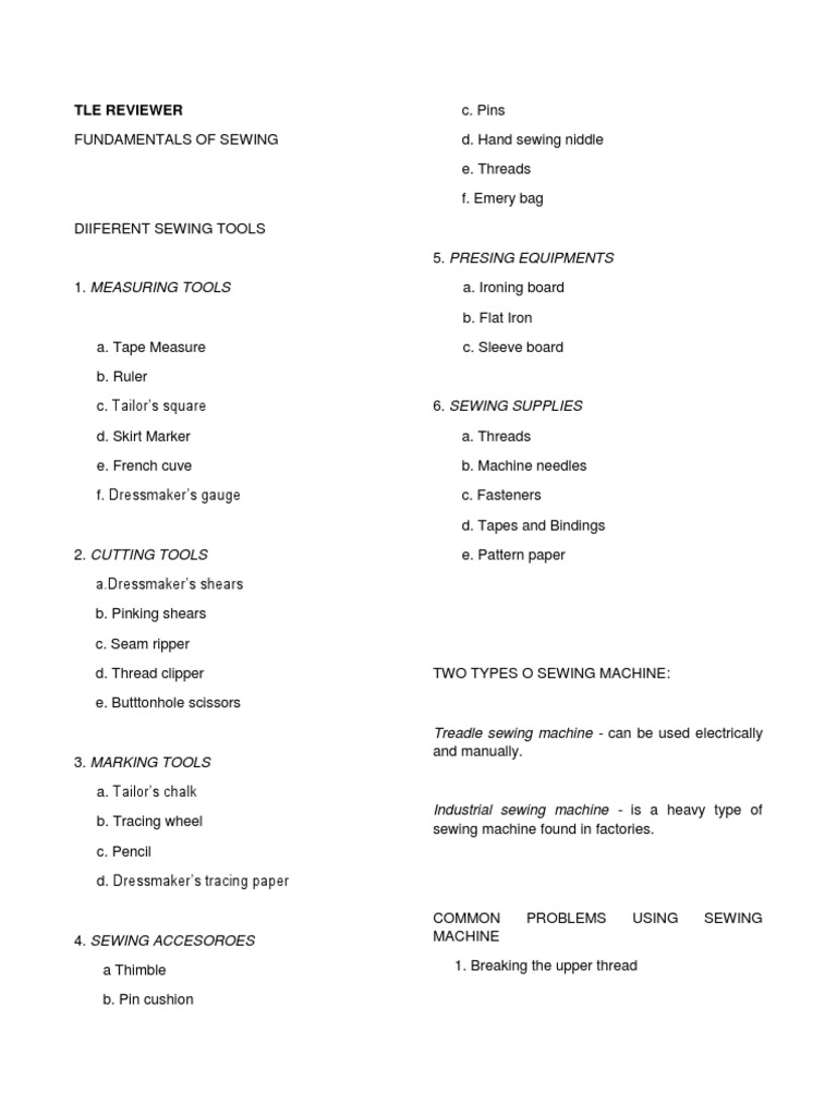 Tle Reviewer 2 | PDF | Sewing | Sewing Machine
